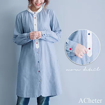 博客來-【A.Cheter】大碼糖果彩扣棉麻條紋長版襯衫#106394XL藍
