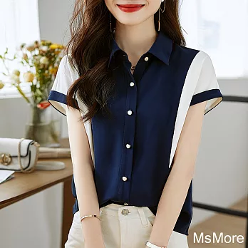 博客來-【MsMore】 優雅小資女撞色雪紡襯衫上衣# 112804 XL 藍色
