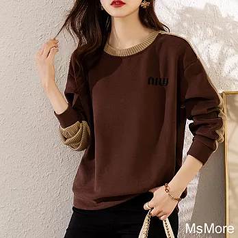 博客來-【MsMore】 韓版咖啡加絨加厚圓領長袖字母刺繡T寬鬆短版上衣# 115266 XL 咖色