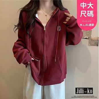 博客來-【Jilli~ko】字母造型抽繩連帽寬鬆拉鍊衛衣外套中大尺碼 J11196 FREE 深紅色