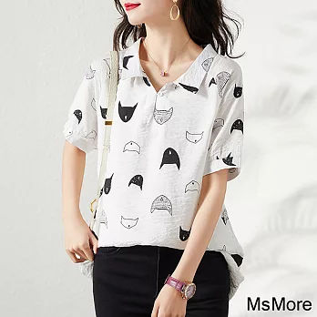 博客來-【MsMore】 時尚印花翻領寬鬆顯瘦短袖短版上衣# 121519 XL 黑白色