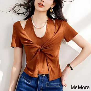 博客來-【MsMore】 法式設計感假兩件性感掛脖修身扭結T恤短版短袖上衣# 121914 L 紅色