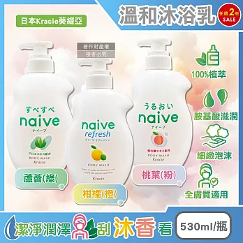 博客來-(2瓶任選超值組)日本Kracie葵緹亞-naive 100%植萃胺基酸香氛水潤溫和沐浴乳530ml/瓶(草本潤澤沐浴露,光滑柔嫩滋潤潔膚露,液態皂沐浴精華露) 蘆薈(綠)*2瓶