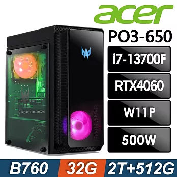 博客來-Acer Predator Orion PO3-650 電競電腦 (i7-13700F/32G/2TB+512G SSD ...
