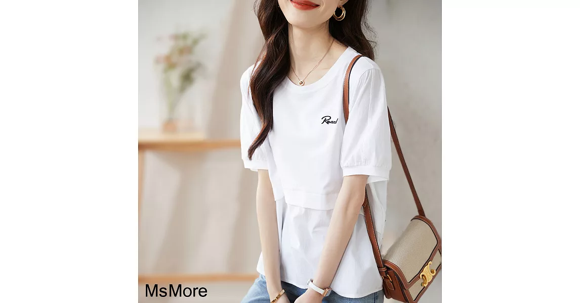 博客來-【MsMore】 字母刺繡純棉T恤短袖上衣# 113321 XL 白色