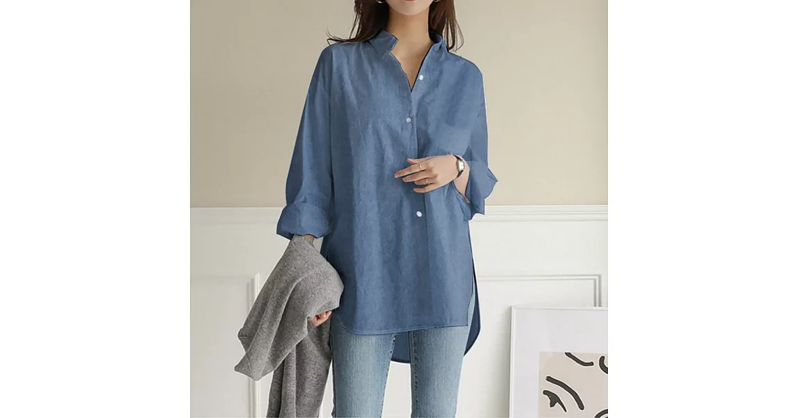 博客來-【慢。生活】立領前短後長簡約寬鬆長袖襯衫 J9131 FREE 藍色