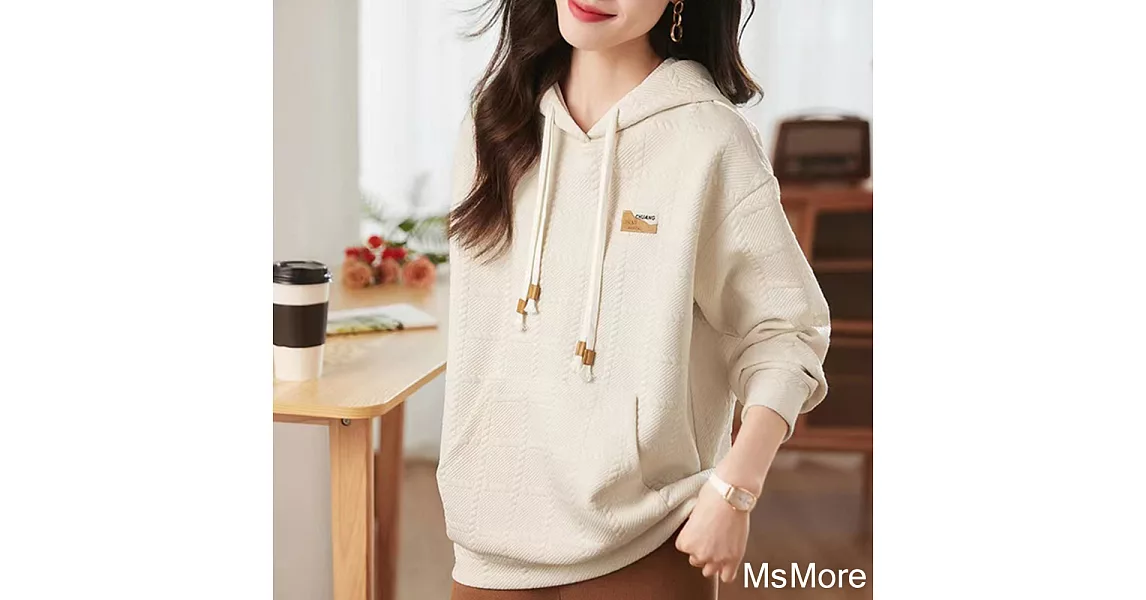 博客來-【MsMore】 簡約小清新華夫格連帽長袖抽繩貼標減齡立體浮雕短版上衣# 119289 2XL 米白色