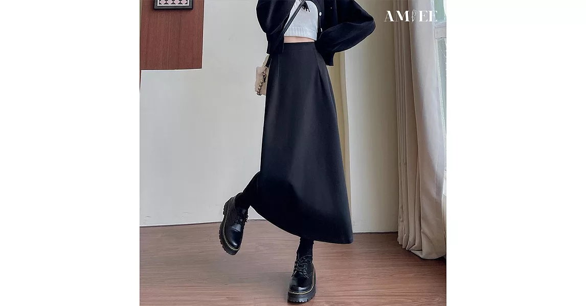 博客來-【AMIEE】純色毛呢半身開衩包臀高腰女長裙(KDSQ-8917) 2XL 黑色