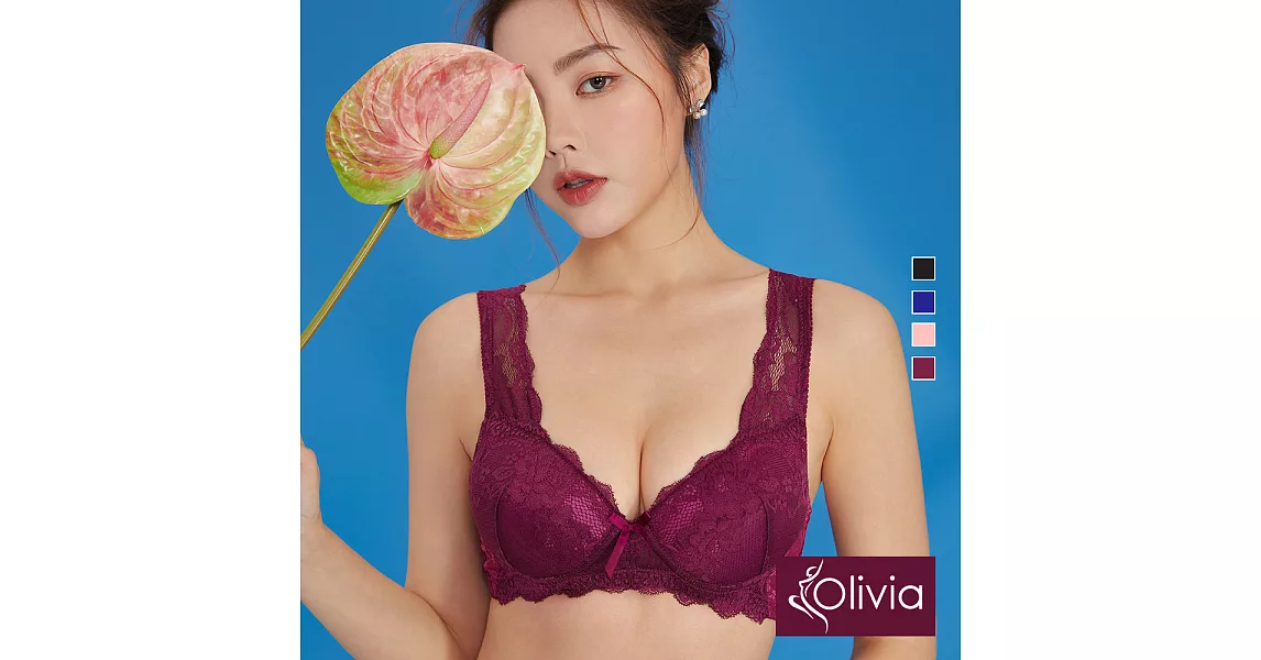 博客來-【Olivia】無鋼圈經典集中蕾絲美背內衣 34/75C 紅色
