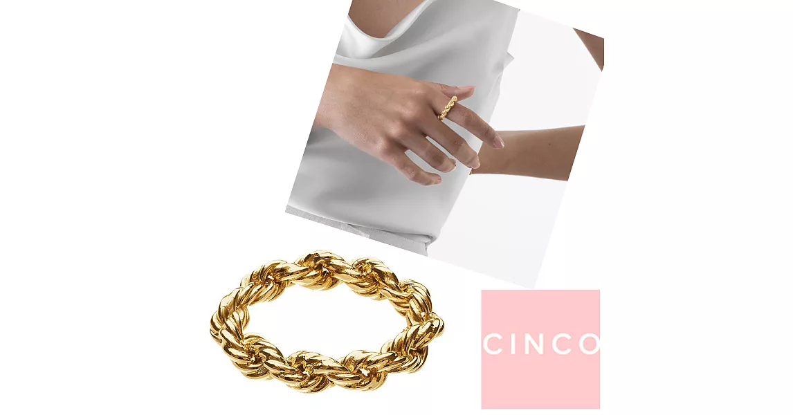 博客來-CINCO 葡萄牙精品 Bia ring 925純銀鑲24K金戒指 簡約編織小寬版戒指 6 6號