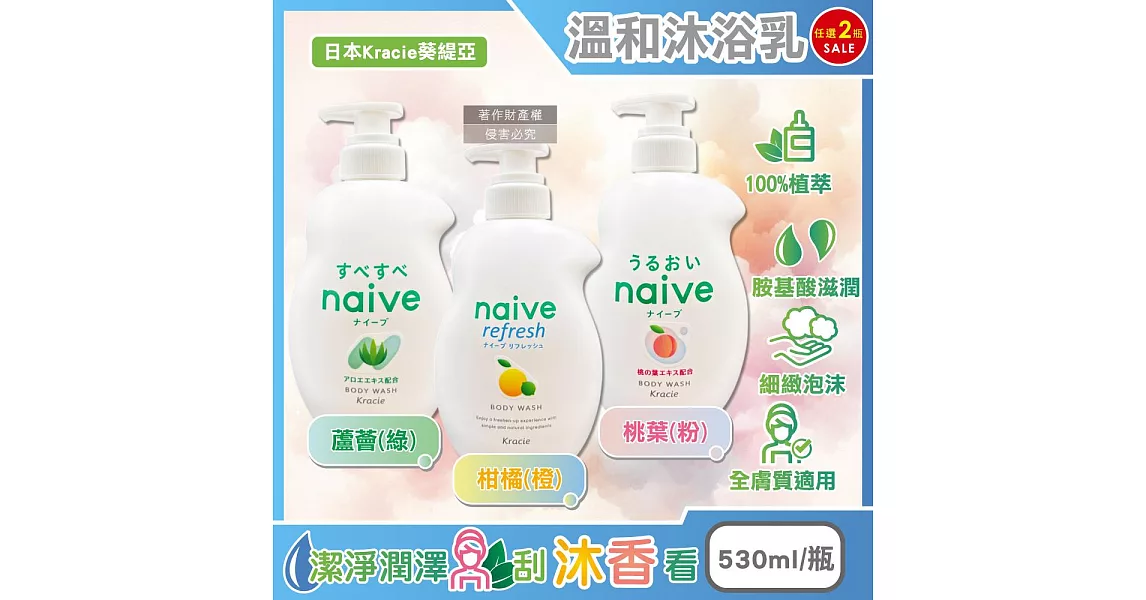 博客來-(2瓶任選超值組)日本Kracie葵緹亞-naive 100%植萃胺基酸香氛水潤溫和沐浴乳530ml/瓶(草本潤澤沐浴露,光滑柔嫩滋潤潔膚露,液態皂沐浴精華露) 蘆薈(綠)*2瓶