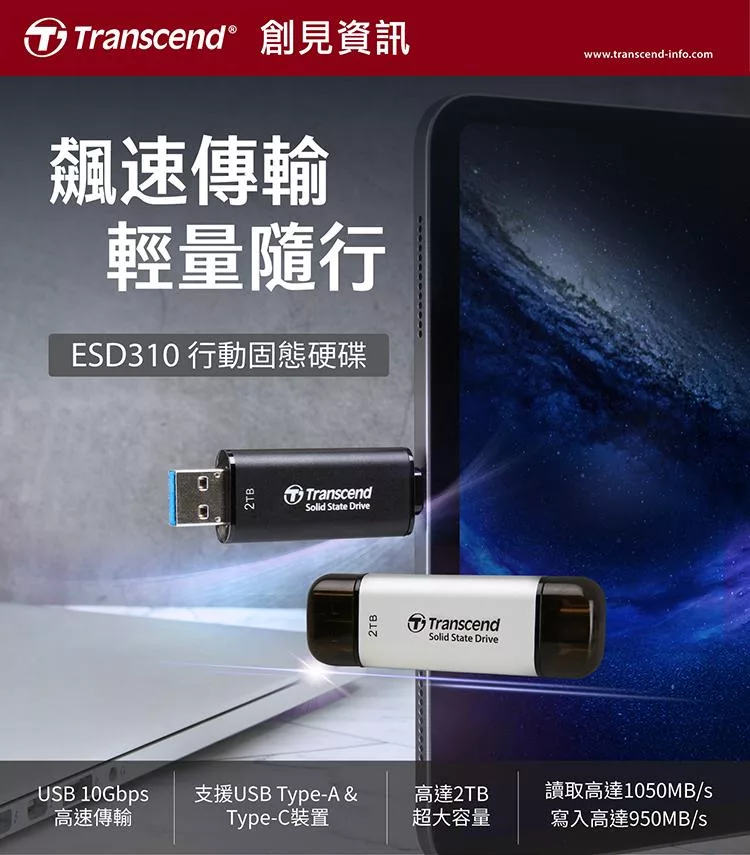 博客來-創見 Transcend ESD310 1TB Type A+C 雙接頭 外接式SSD固態硬碟 ESD310S 銀