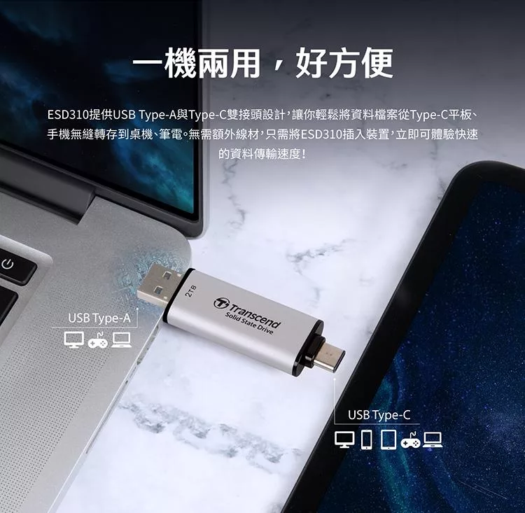博客來-創見 Transcend ESD310 1TB Type A+C 雙接頭 外接式SSD固態硬碟 ESD310S 銀