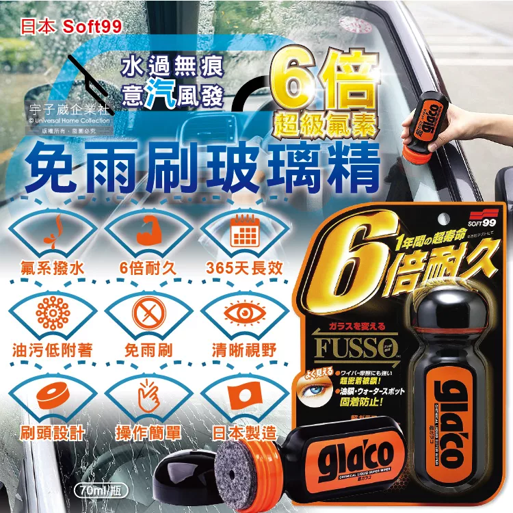 博客來-日本Soft99-免雨刷超級氟素6倍耐久力抗污耐磨防雨車用驅水玻璃精(C236)70ml/瓶(365天長效型撥水劑)
